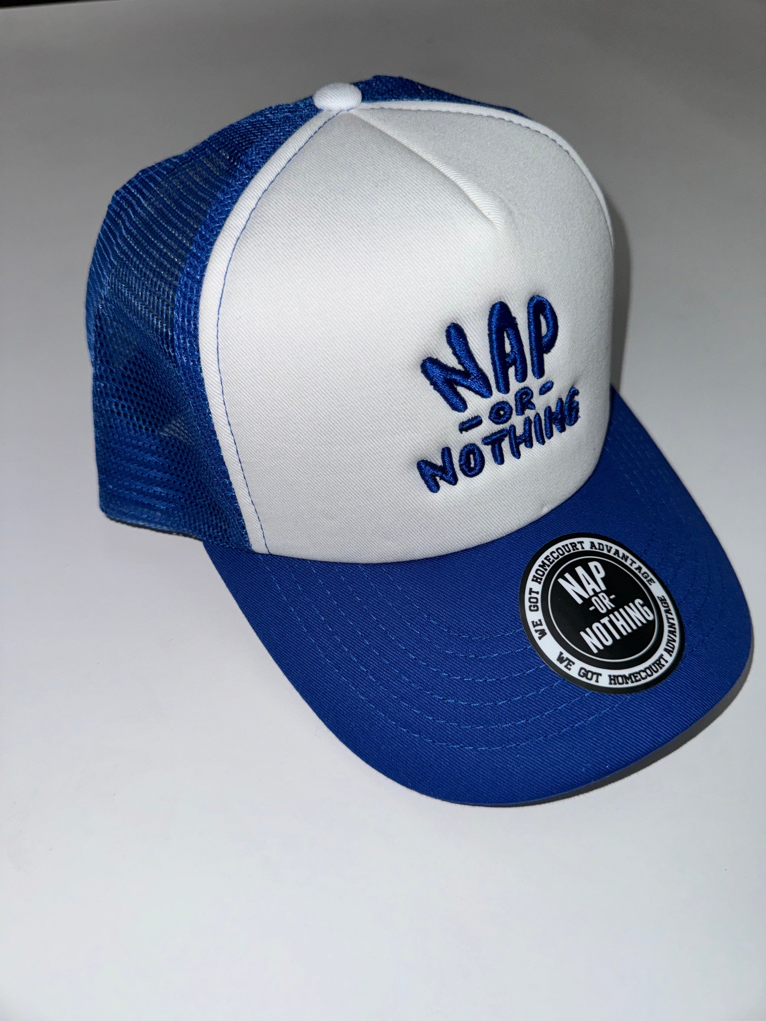 Royal/White Stamped Trucker Hat | NAP OR NOTHING - POVERTY SUCKS